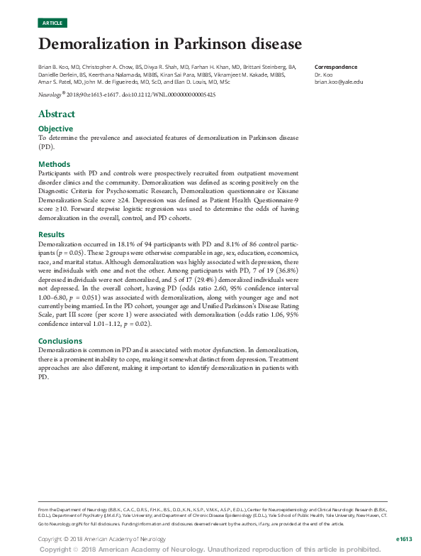 (PDF) Demoralization in Parkinson disease