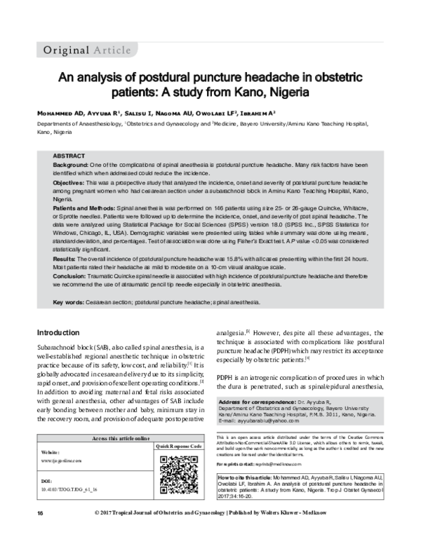 (PDF) An analysis of postdural puncture headache in obstetric patients ...