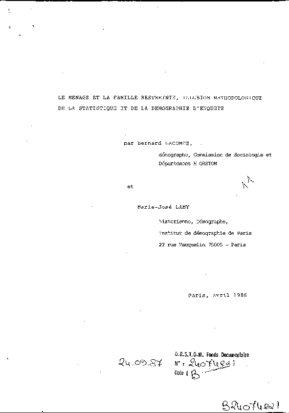 (PDF) Le ménage et la famille restreinte, illusion méthodologique de la ...