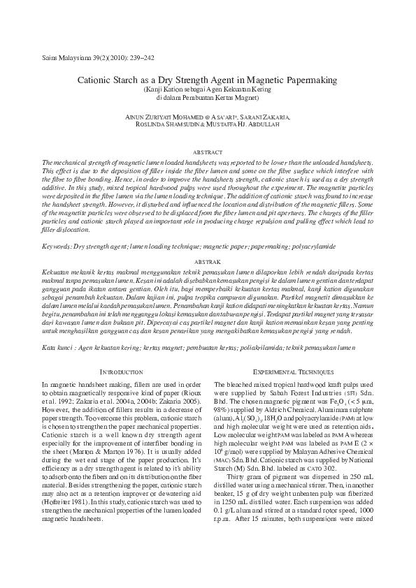 (PDF) Cationic starch as a dry strength agent in magnetic papermaking