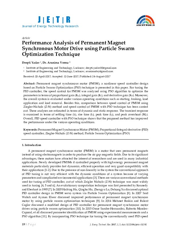 Pdf Performance Analysis Of Permanent Magnet Synchronous Motor Drive Using Particle Swarm