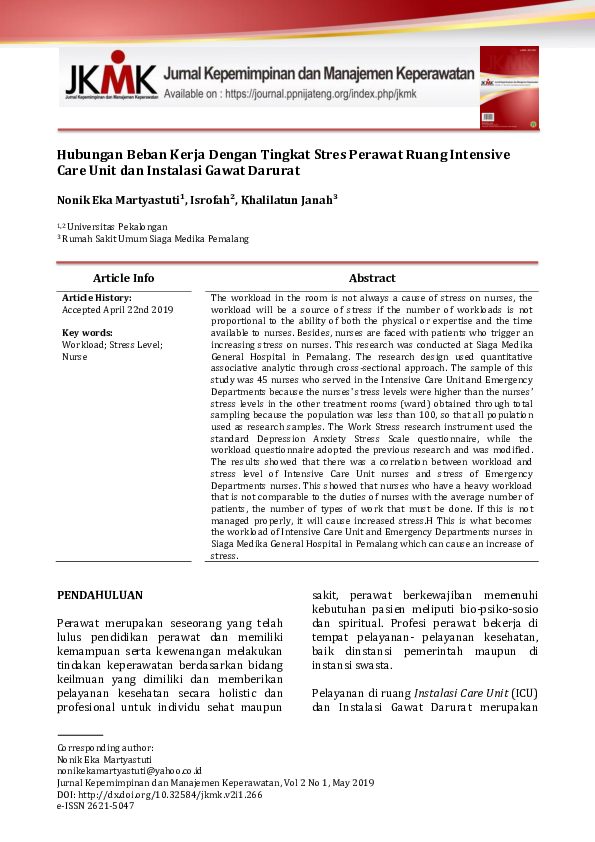 (PDF) Hubungan Antara Beban Kerja Dengan Stres Kerja Perawat DI Instalasi Gawat Darurat Rsud ...