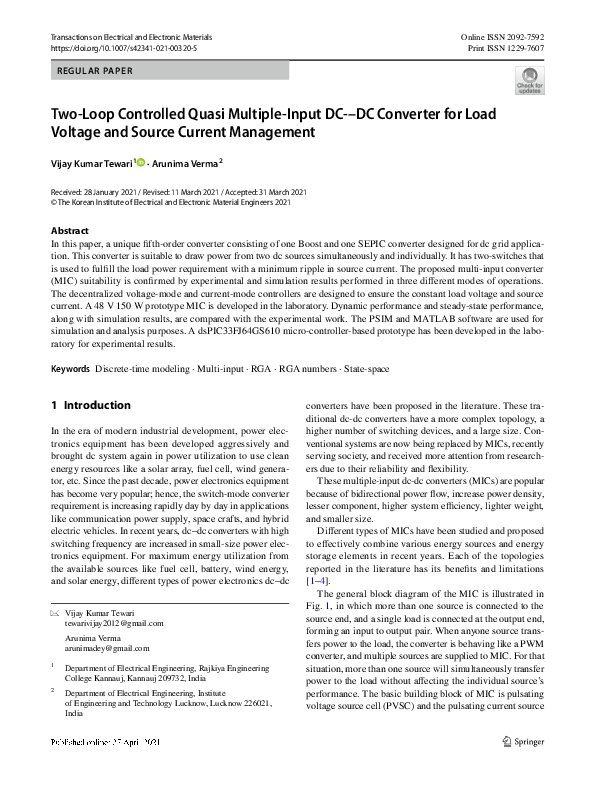 Pdf Two Loop Controlled Quasi Multiple Input Dc Dc Converter For Load Voltage And Source