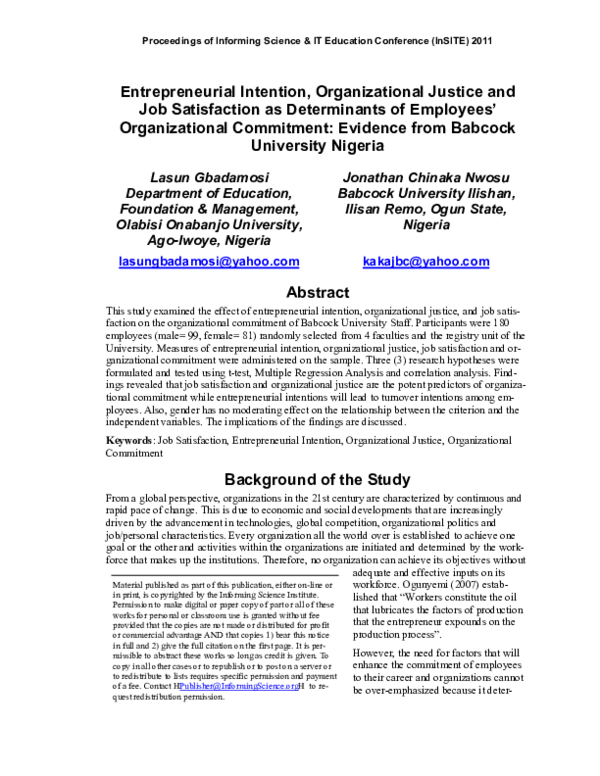 (PDF) Entrepreneurial Intention, Organizational Justice and Job ...