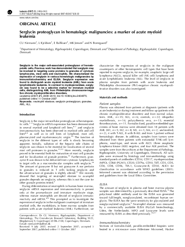 (PDF) Serglycin proteoglycan in hematologic malignancies: a marker of ...