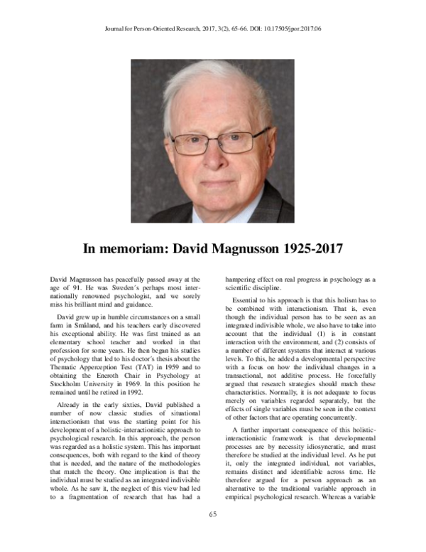 (PDF) In memoriam: David Magnusson 1925-2017 | Lars-Gunnar Lundh ...