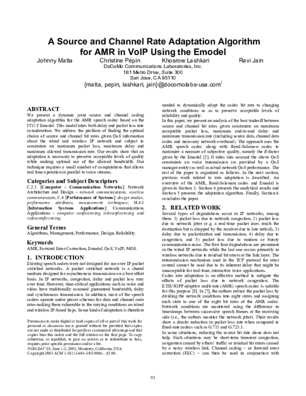 (PDF) Source and Channel Rate Adaptation Algorithm for Amr in Voip Using the E-Model