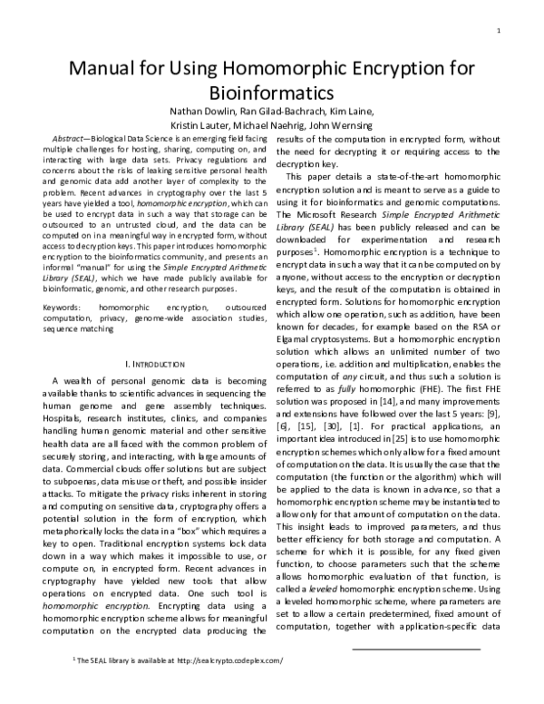 (PDF) Manual for Using Homomorphic Encryption for Bioinformatics