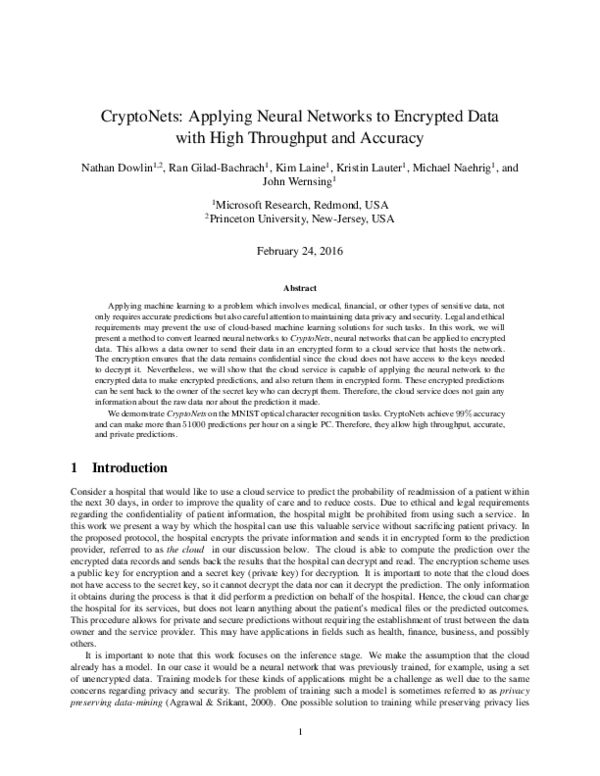 (PDF) CryptoNets: Applying Neural Networks to Encrypted Data with High Throughput and Accuracy
