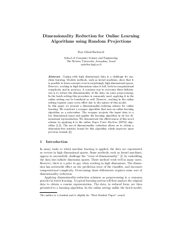 Pdf Dimensionality Reduction For Online Learning Algorithms Using Random Projections Ran