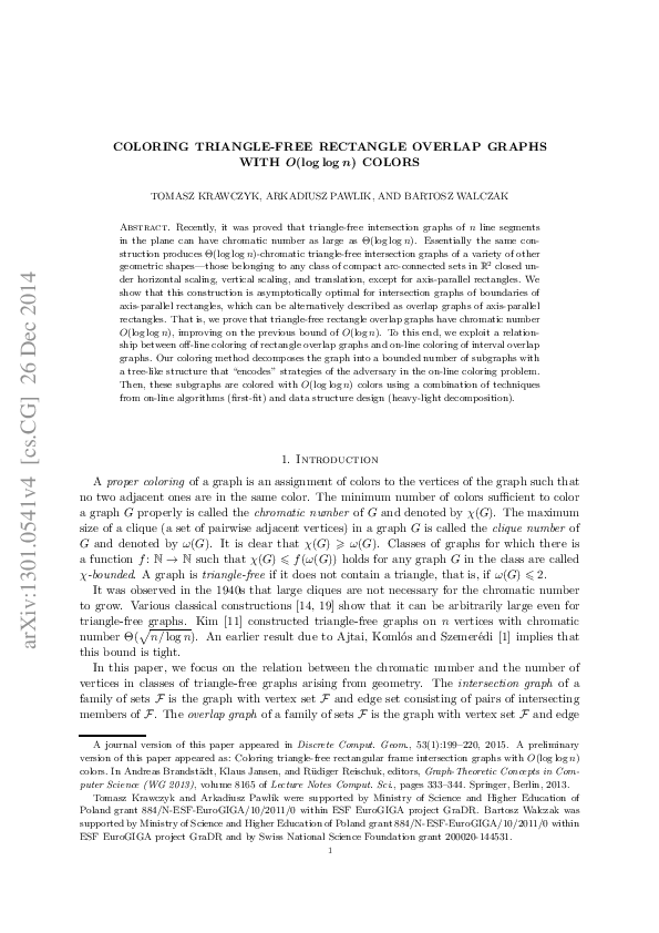 (PDF) Coloring triangle-free rectangle overlap graphs with O(log log n ...