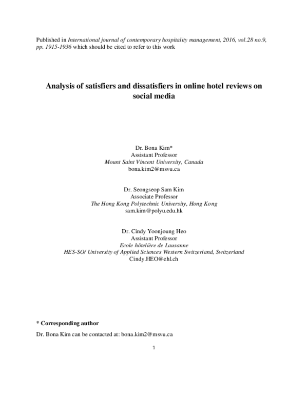 (PDF) Analysis of satisfiers and dissatisfiers in online hotel reviews ...