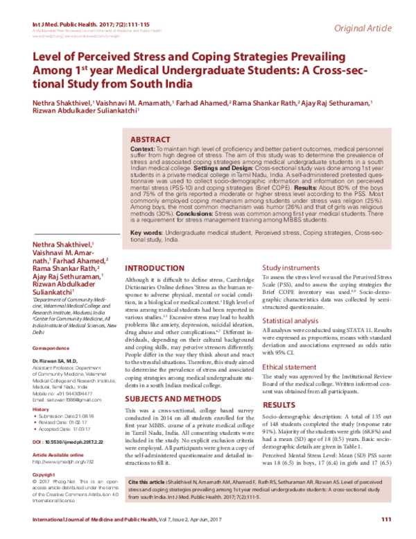 (PDF) Level of Perceived Stress and Coping Strategies Prevailing Among 1st year Medical ...