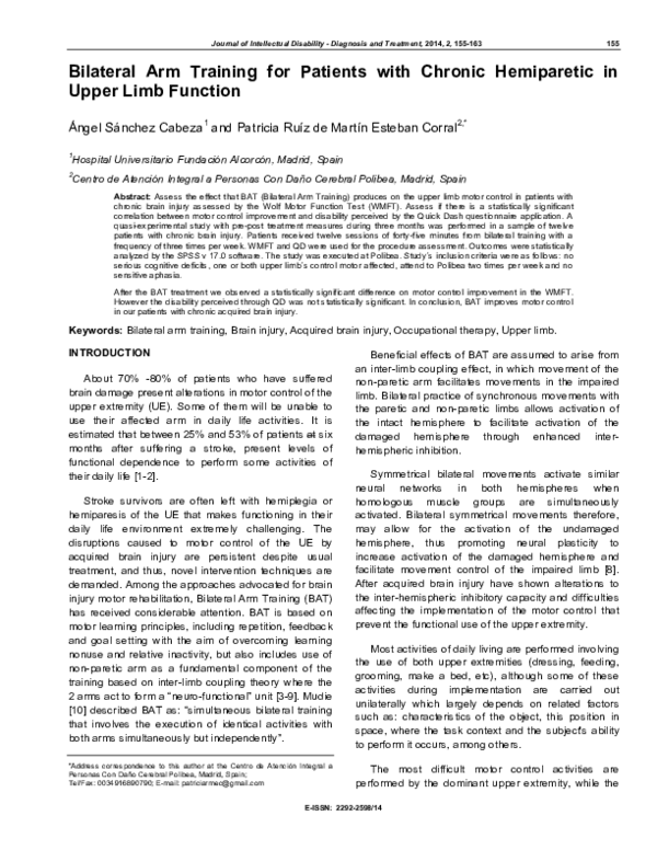 (PDF) Bilateral Arm Training for Patients with Chronic Hemiparetic in ...