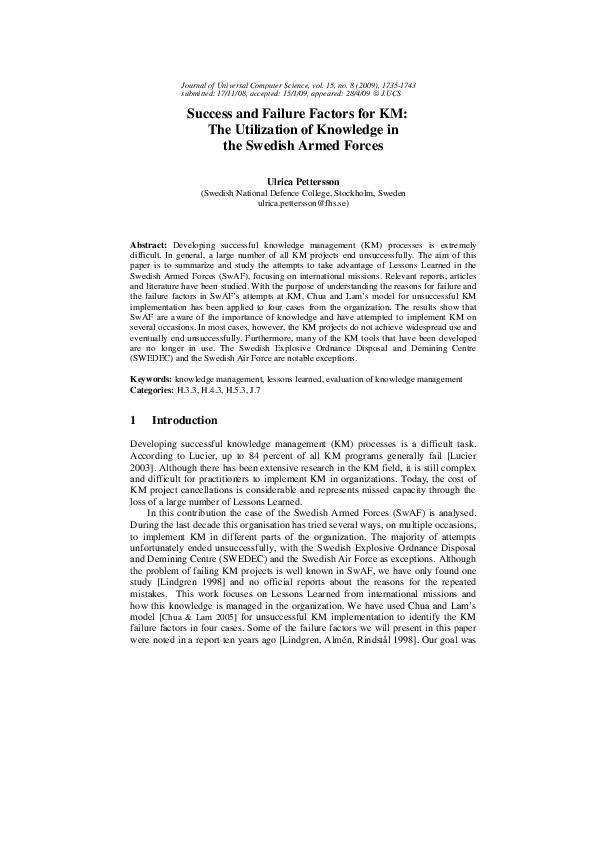 (PDF) Success and Failure Factors for KM: The Utilization of Knowledge ...