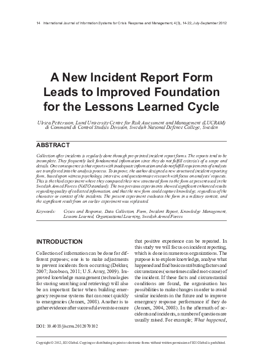 (PDF) A New Incident Report Form Leads to Improved Foundation for the ...