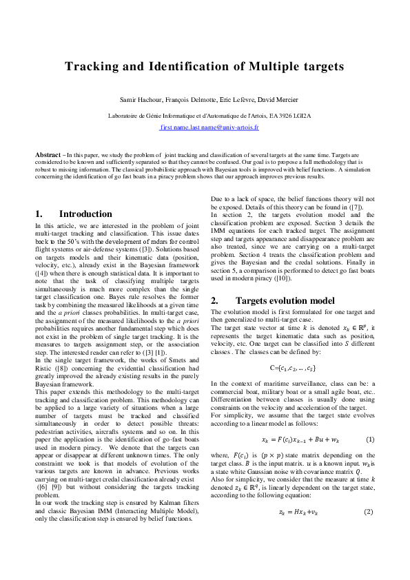 (PDF) Tracking and identification of multiple targets