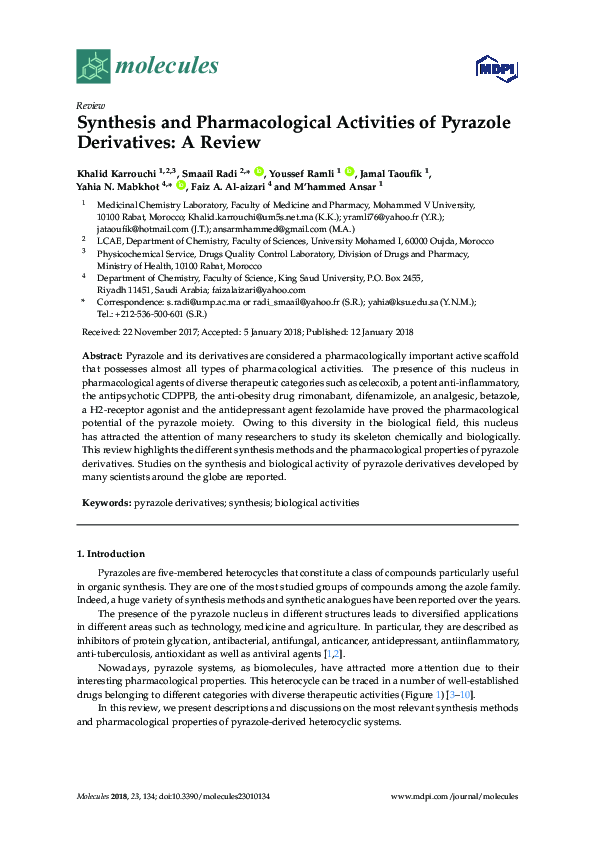 (PDF) Synthesis and Pharmacological Activities of Pyrazole Derivatives: A Review