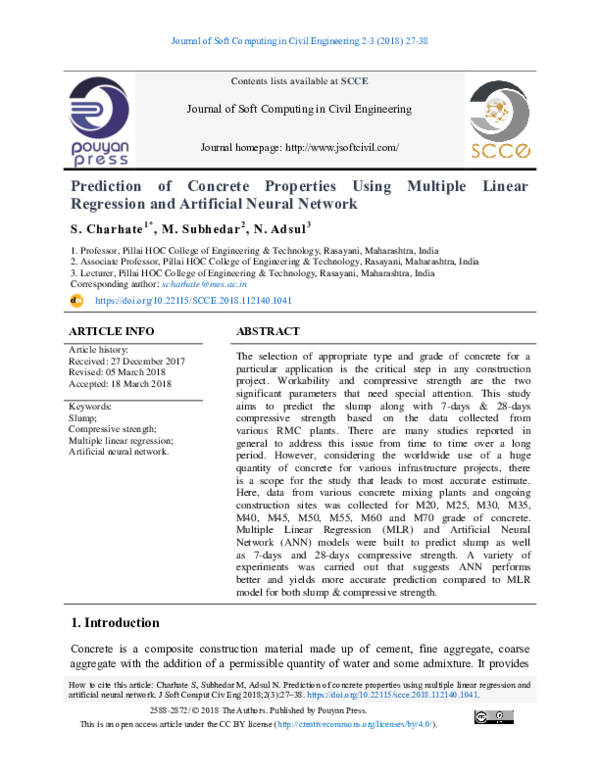Pdf Prediction Of Concrete Properties Using Multiple Linear Regression And Artificial Neural