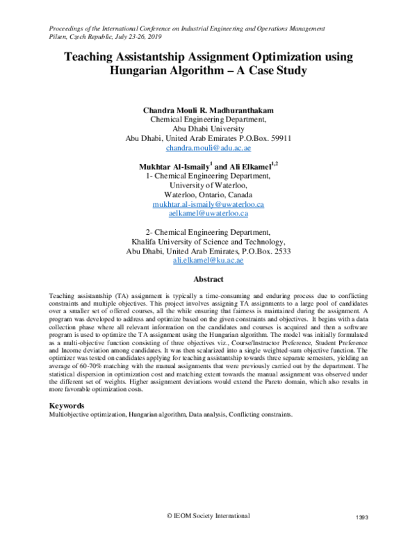 Pdf Assistantship Assignment Optimization Using Hungarian Algorithm