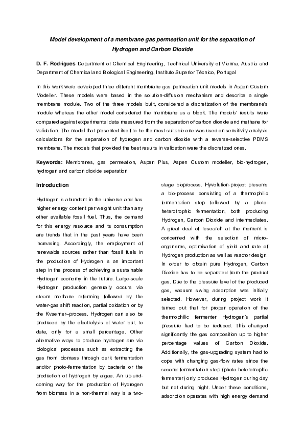 (PDF) Model Development of a Membrane Gas Permeation Unit for the ...