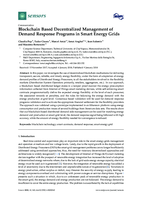 (PDF) Blockchain Based Decentralized Management of Demand Response Programs in Smart Energy Grids