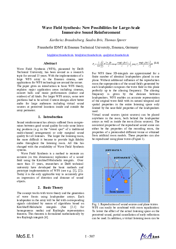 (PDF) Wave Field Synthesis : New Possibilities for Large-Scale Immersive Sound Reinforcement
