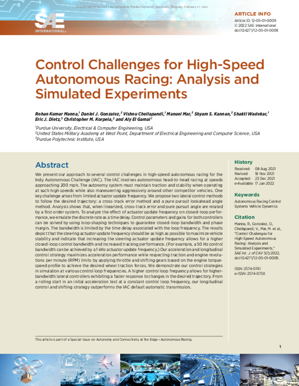 (PDF) Control Challenges for High-Speed Autonomous Racing: Analysis and Simulated Experiments