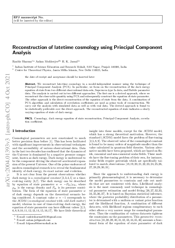 (PDF) Reconstruction of latetime cosmology using principal component analysis