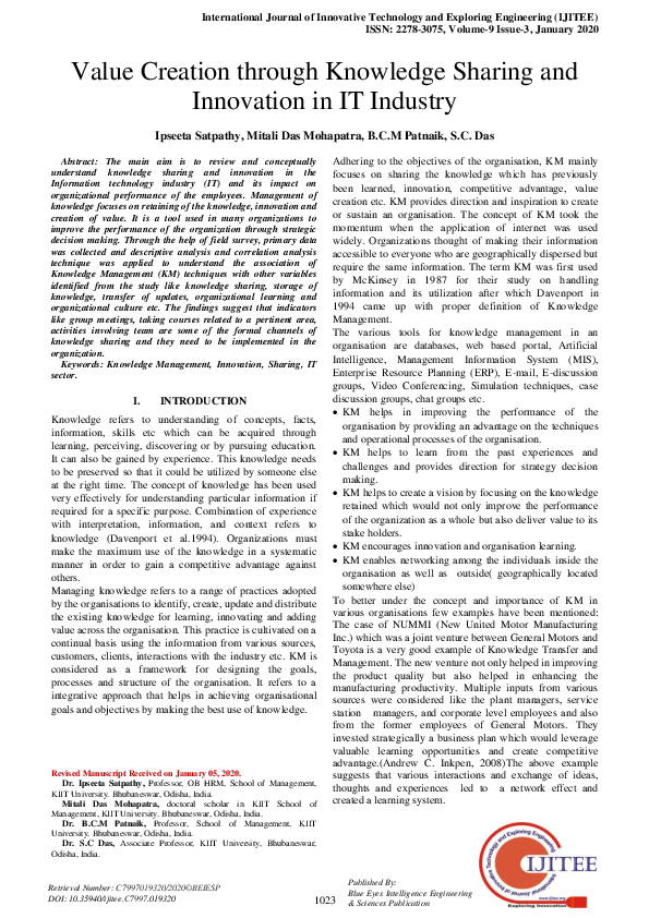 (PDF) Value Creation through Knowledge Sharing and Innovation in IT ...