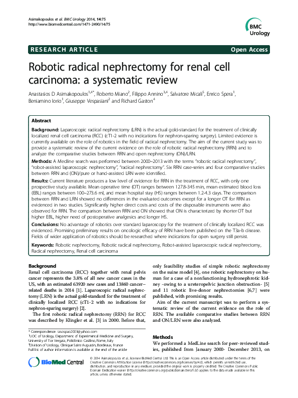 (PDF) Robotic radical nephrectomy for renal cell carcinoma: a ...
