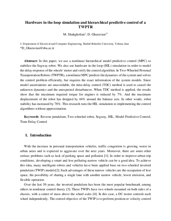 (PDF) Hardware in the loop simulation and hierarchical predictive control of a TWPTR