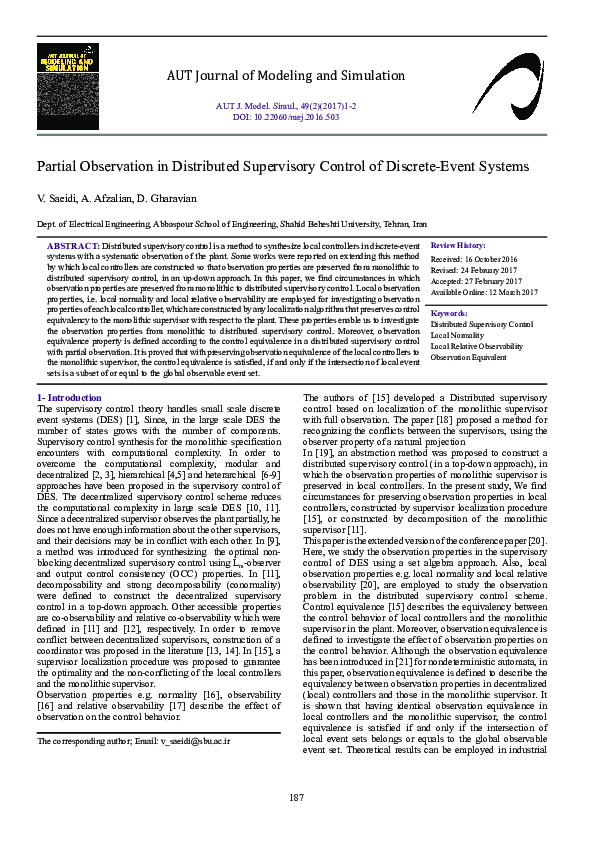 Pdf Partial Observation In Distributed Supervisory Control Of Discrete Event Systems