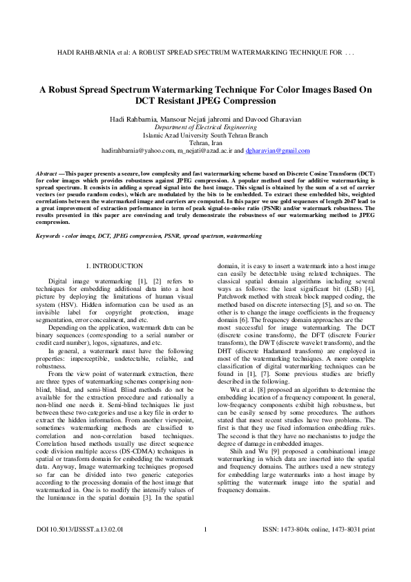 (PDF) A Robust Spread Spectrum Watermarking Technique For Color Images Based On DCT Resistant ...
