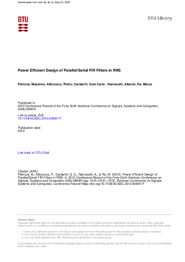 (PDF) Power Efficient Design of Parallel/Serial FIR Filters in RNS