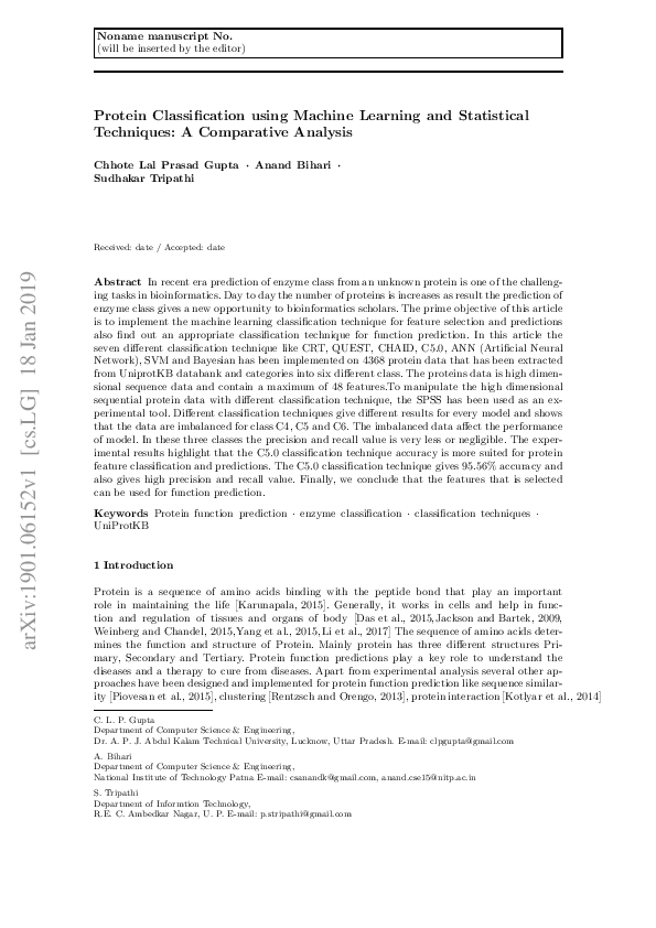 (PDF) Protein Classification using Machine Learning and Statistical Techniques