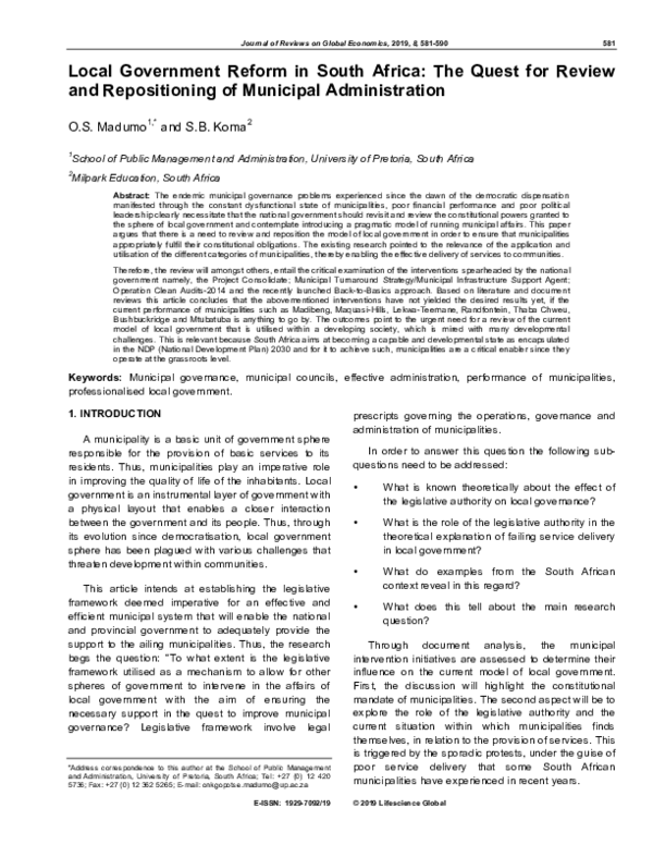 (PDF) Local Government Reform in South Africa: The Quest for Review and ...