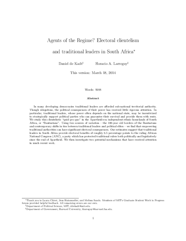 (PDF) Agents of the Regime? Electoral clientelism and traditional ...