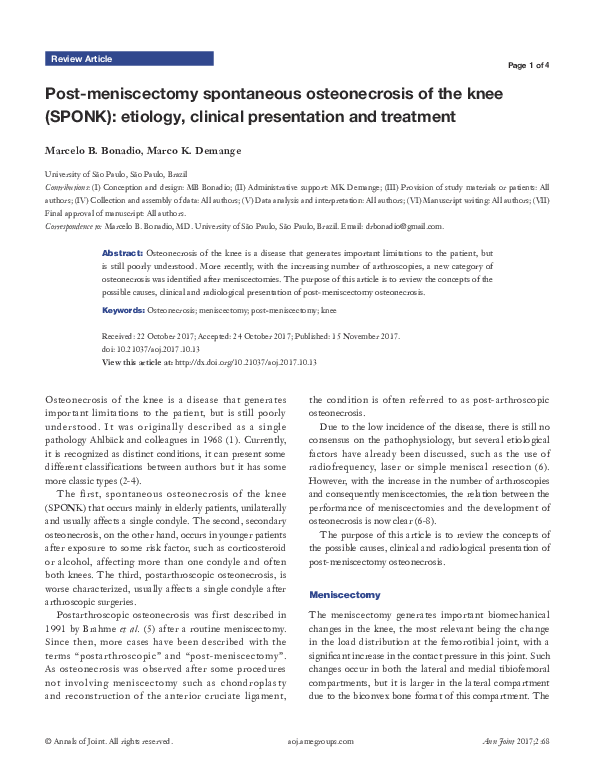 (PDF) Post-meniscectomy spontaneous osteonecrosis of the knee (SPONK ...