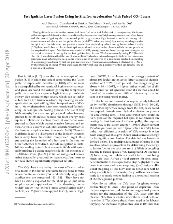 (PDF) Fast Ignition Laser Fusion Using In-Situ Ion Acceleration With ...