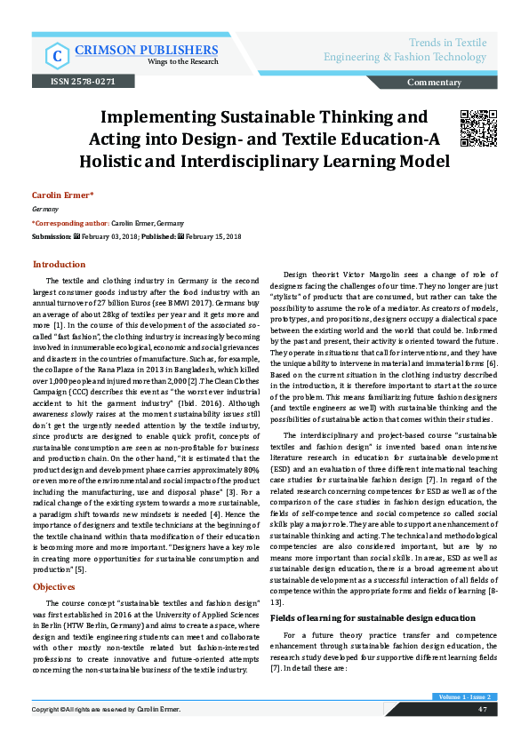 (PDF) Implementing Sustainable Thinking and Acting into Design- and Textile Education-A Holistic ...