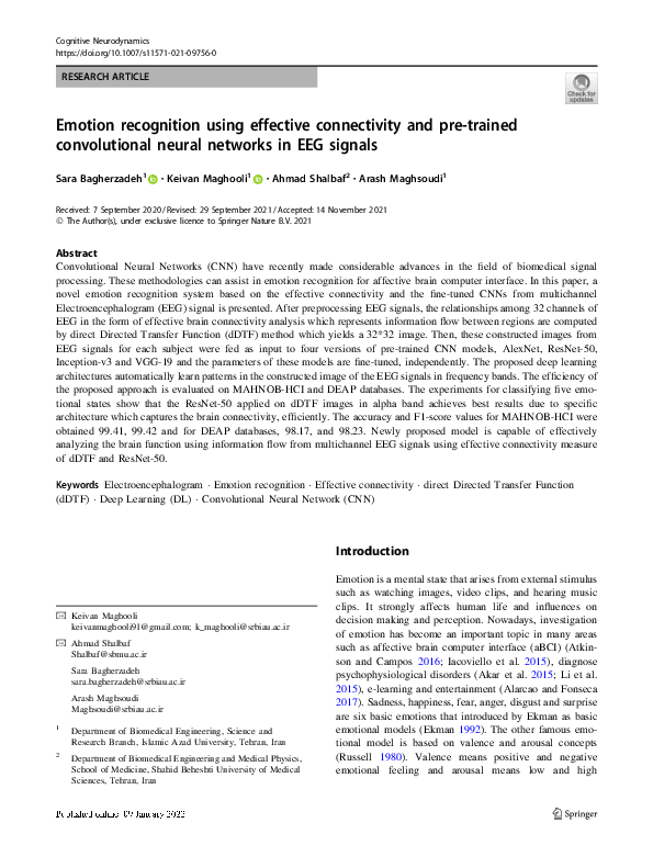 (PDF) Emotion recognition using effective connectivity and pre-trained convolutional neural ...