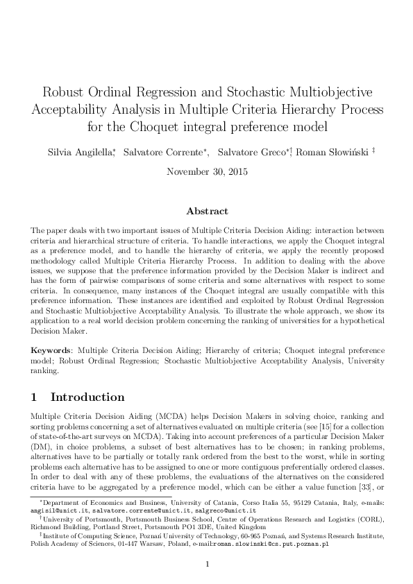 Pdf Robust Ordinal Regression And Stochastic Multiobjective Acceptability Analysis In Multiple