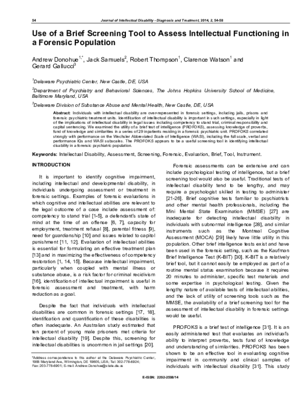(PDF) Use of a Brief Screening Tool to Assess Intellectual Functioning ...