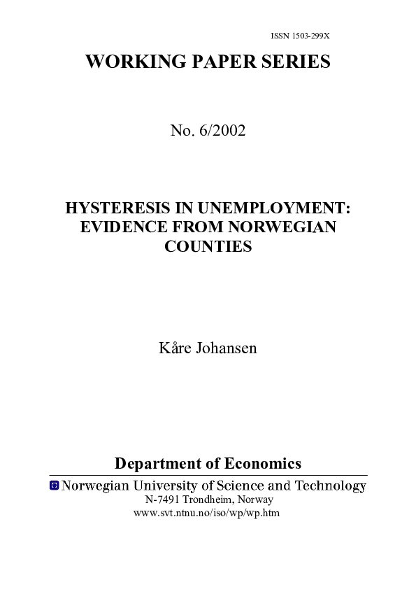 PDF WORKING PAPER SERIES No 6 2002 HYSTERESIS IN UNEMPLOYMENT PDF WORKING PAPER SERIES No 6 2002 HYSTERESIS IN UNEMPLOYMENT