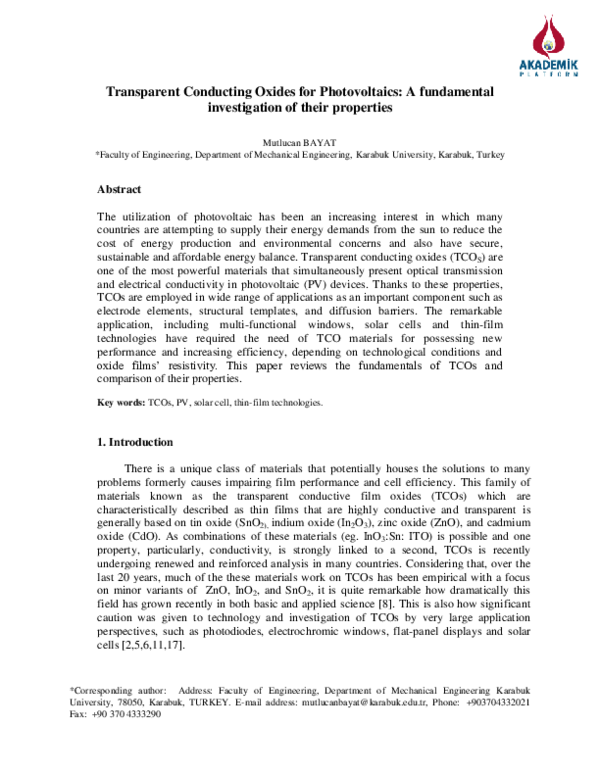 (PDF) Transparent Conducting Oxides for Photovoltaics : A fundamental ...