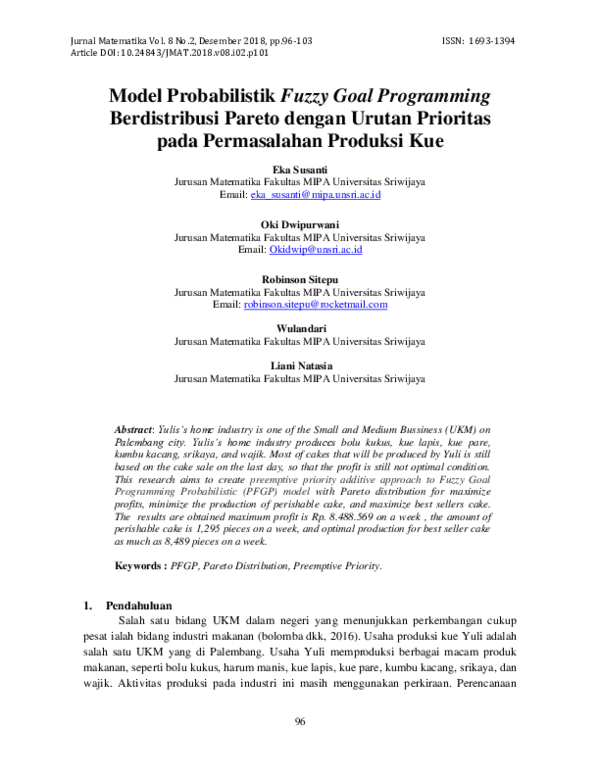 (PDF) Model Probabilistik Fuzzy Goal Programming Berdistribusi Pareto dengan Urutan Prioritas ...