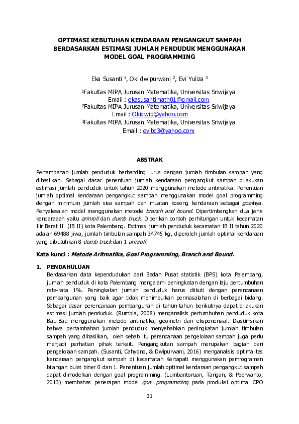 (PDF) Optimasi Kebutuhan Kendaraan Pengangkut Sampah Berdasarkan Estimasi Jumlah Penduduk ...