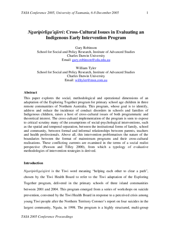 (PDF) Ngaripirliga'ajirri: Cross-Cultural Issues in Evaluating an Indigenous Early Intervention ...