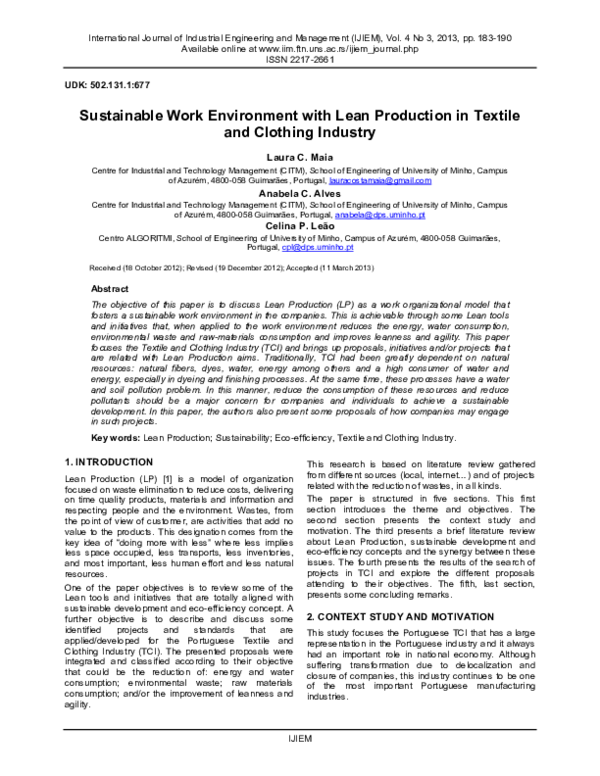 (PDF) Sustainable Work Environment with Lean Production in Textile and ...